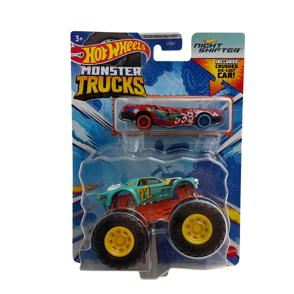 Hot Wheels Monster Trucks Night Shifter with Crushed Sedan Sudden Stop ...